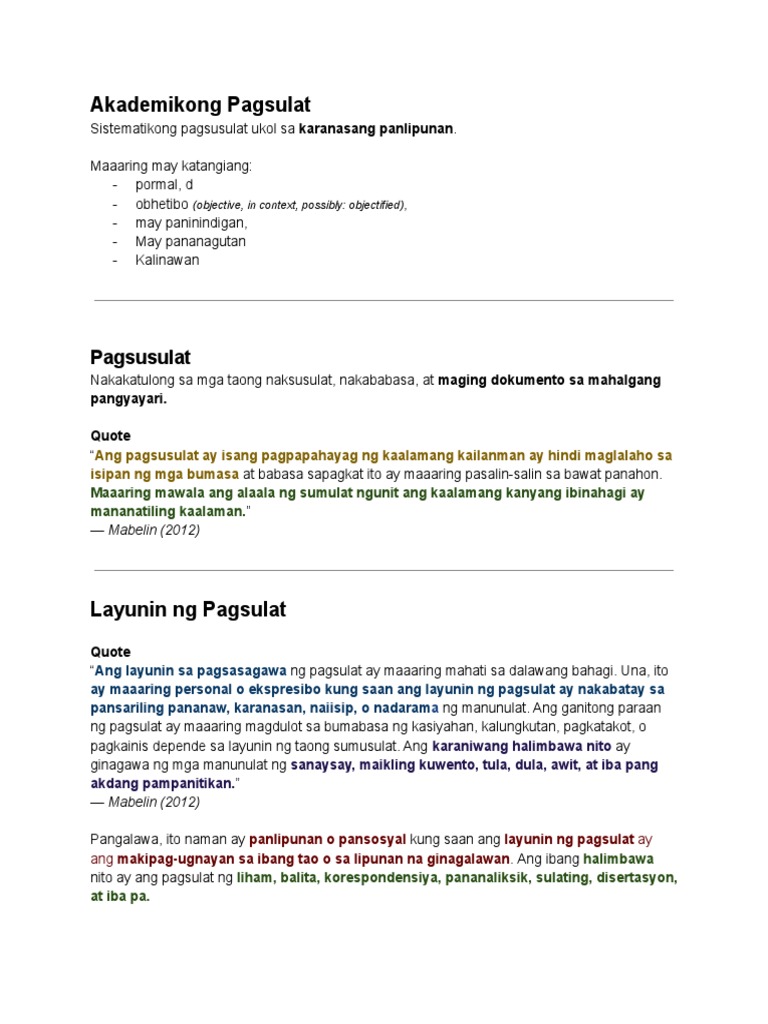 Piling Larang Akademikong Pagsusulat Notes | PDF