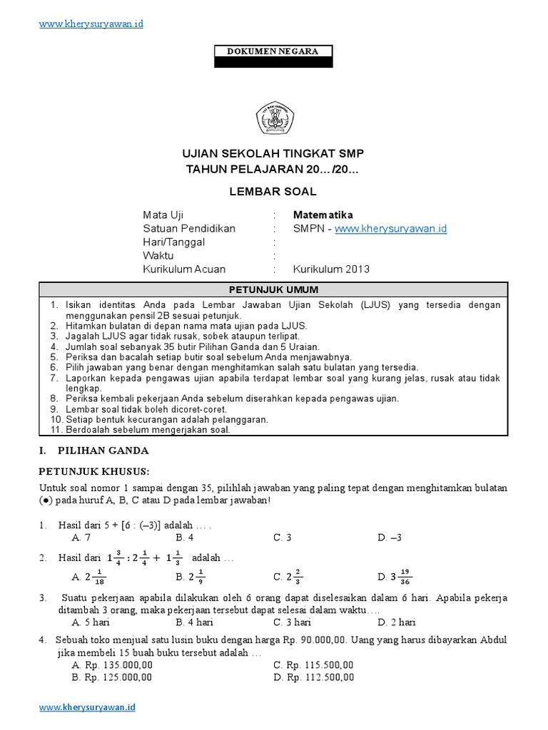 Soal US MTK SMP | PDF