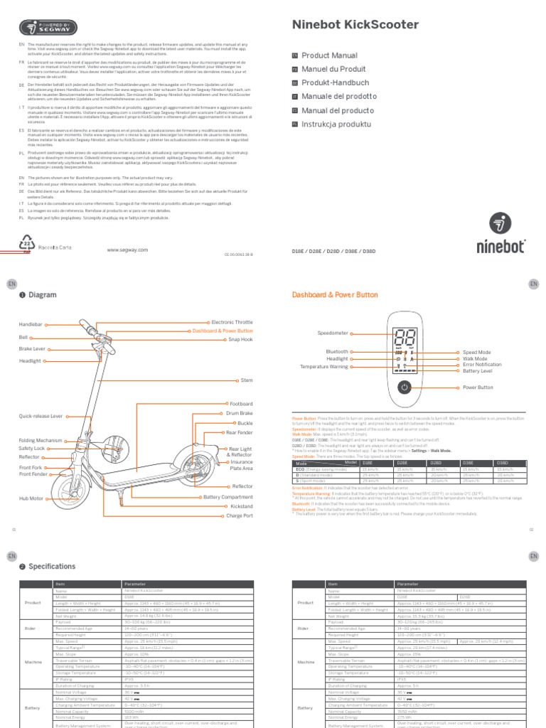 KickScooters D Series D18E D28D D28E D38D D38E User Instructions en FR de IT SP POL | PDF