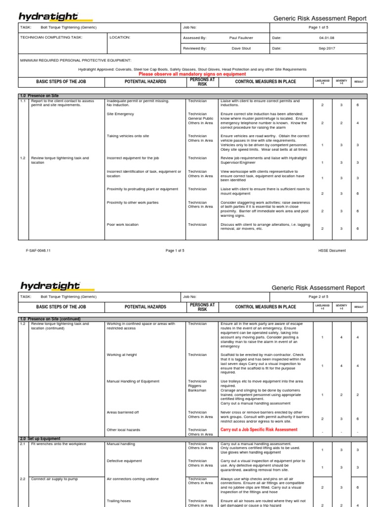 Bolt Torquing Risk Assessment (Generic) | PDF | Risk Assessment | Risk