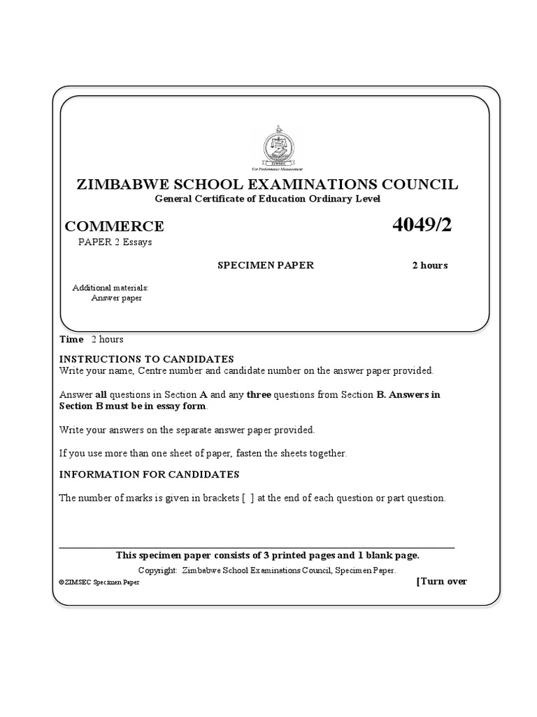 ZIMSEC O Level Commerce 4049q2 Specimen - WXlNTiqA039c1Jq | PDF | Banks ...