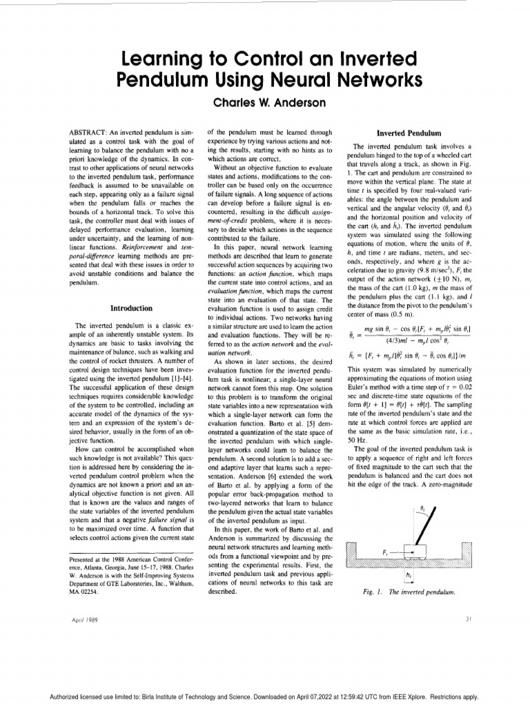 Learning To Control An Inverted Pendulum Using Neural Networks Pdf Artificial Neural Network 