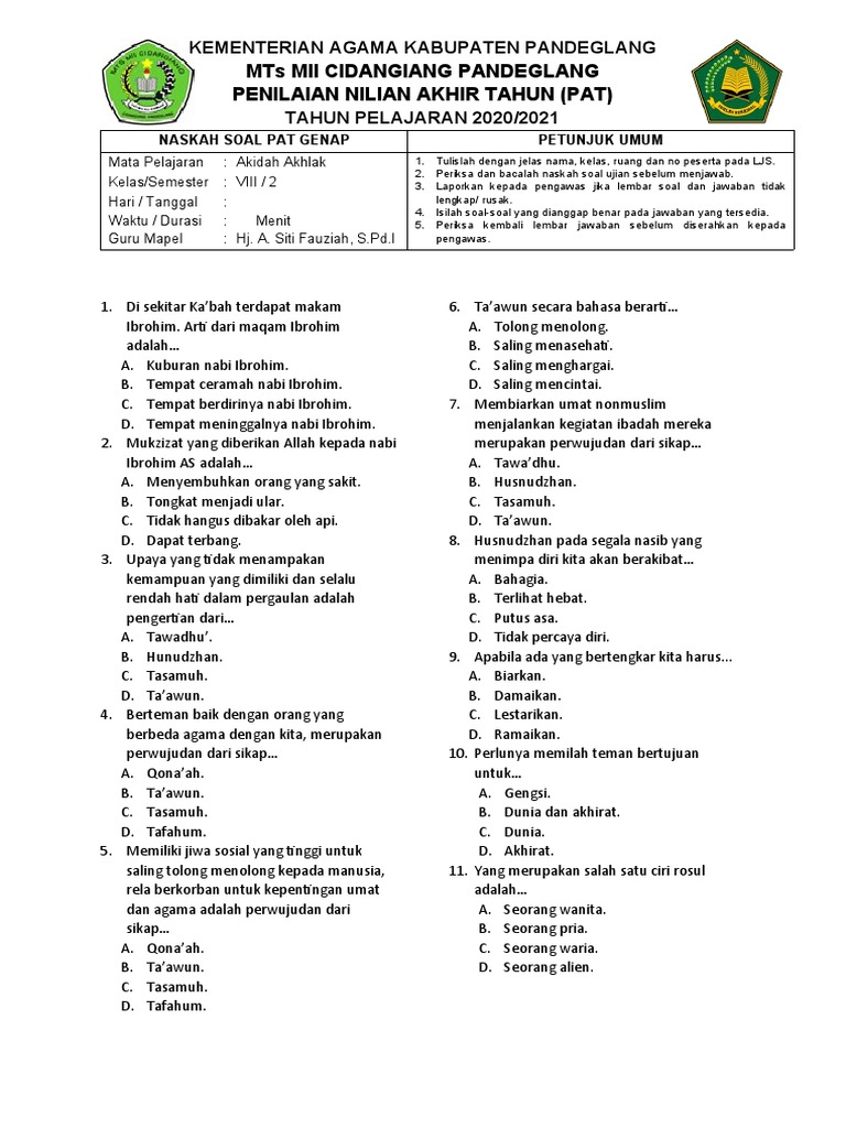 Soal Pas Akidah Akhlak Kelas 8 | PDF