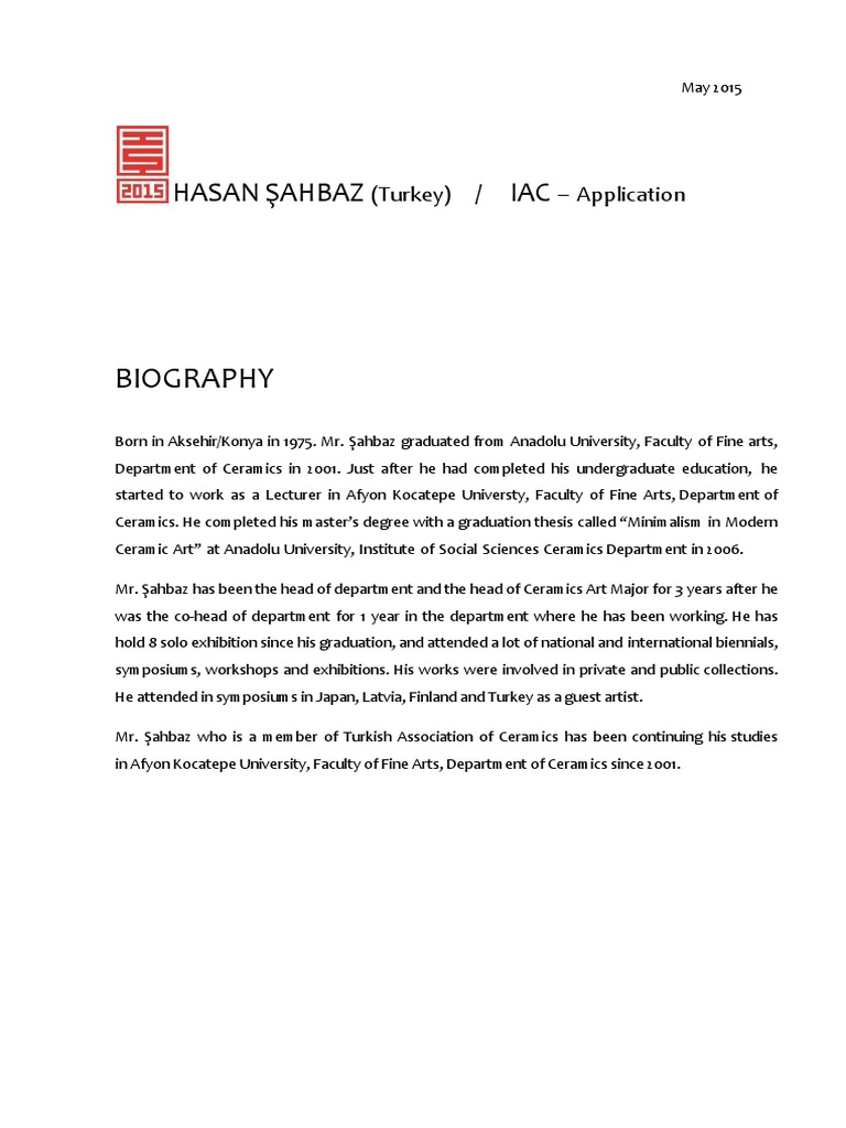 Hasan SAHBAZ CV BIOGRAPHY 2015 | PDF | Ceramic Art | Pottery
