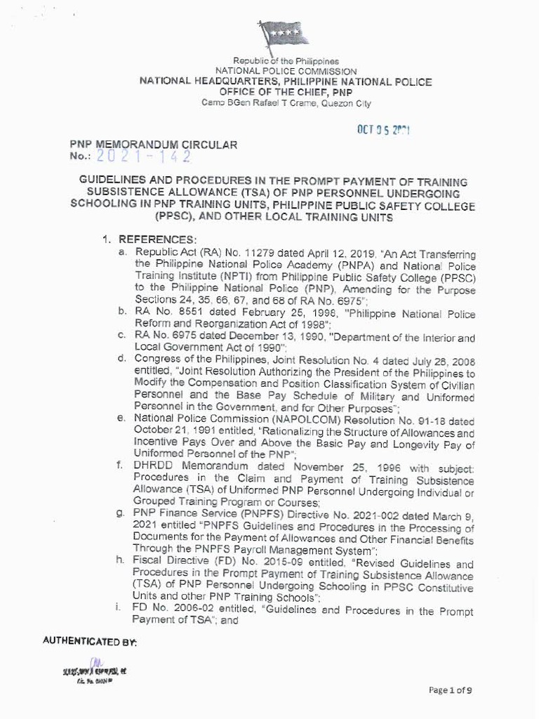 PNP MC 2021 142 Guidelines and Procedures in the Prompt Payment of ...