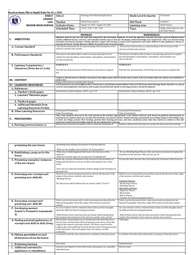 DLL - Earth Science | PDF | Learning | Teaching Method