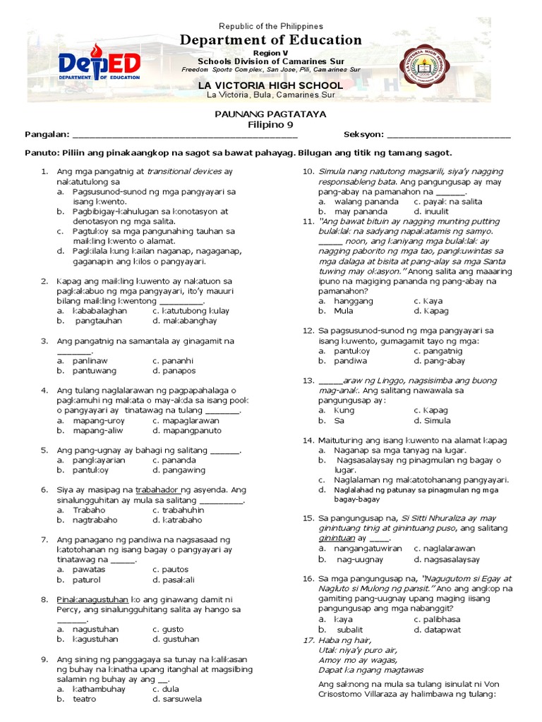 Panimulang Pagtataya Sa Filipino 9 | PDF Panimulang Pagtataya Sa Filipino 9 | PDF