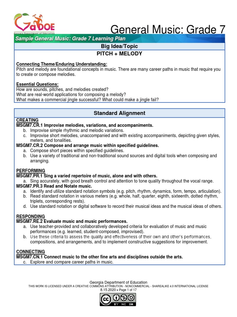 Music DLP General Music 7th Grade Lesson Plan | PDF | Musical Notation
