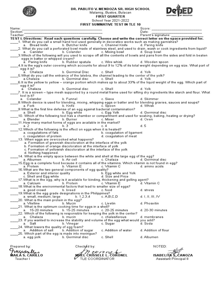 Tle 10 First Summative Test Download Free Pdf Egg As Food Egg White