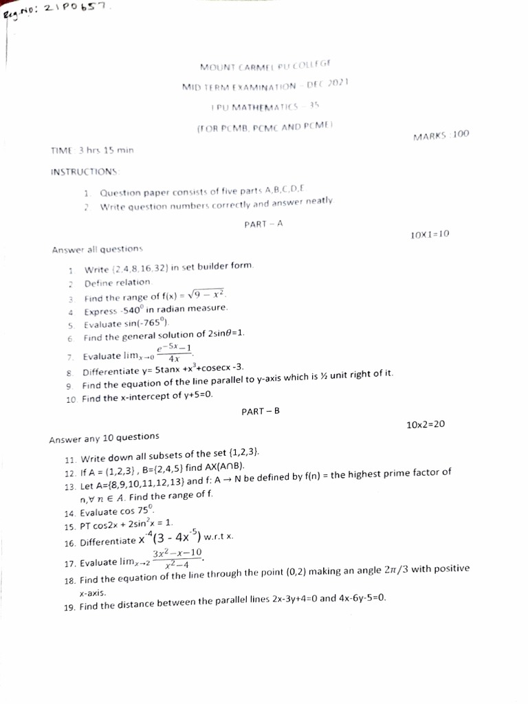 Maths Mid Term Mount Carmel | PDF | Function (Mathematics) | Angle