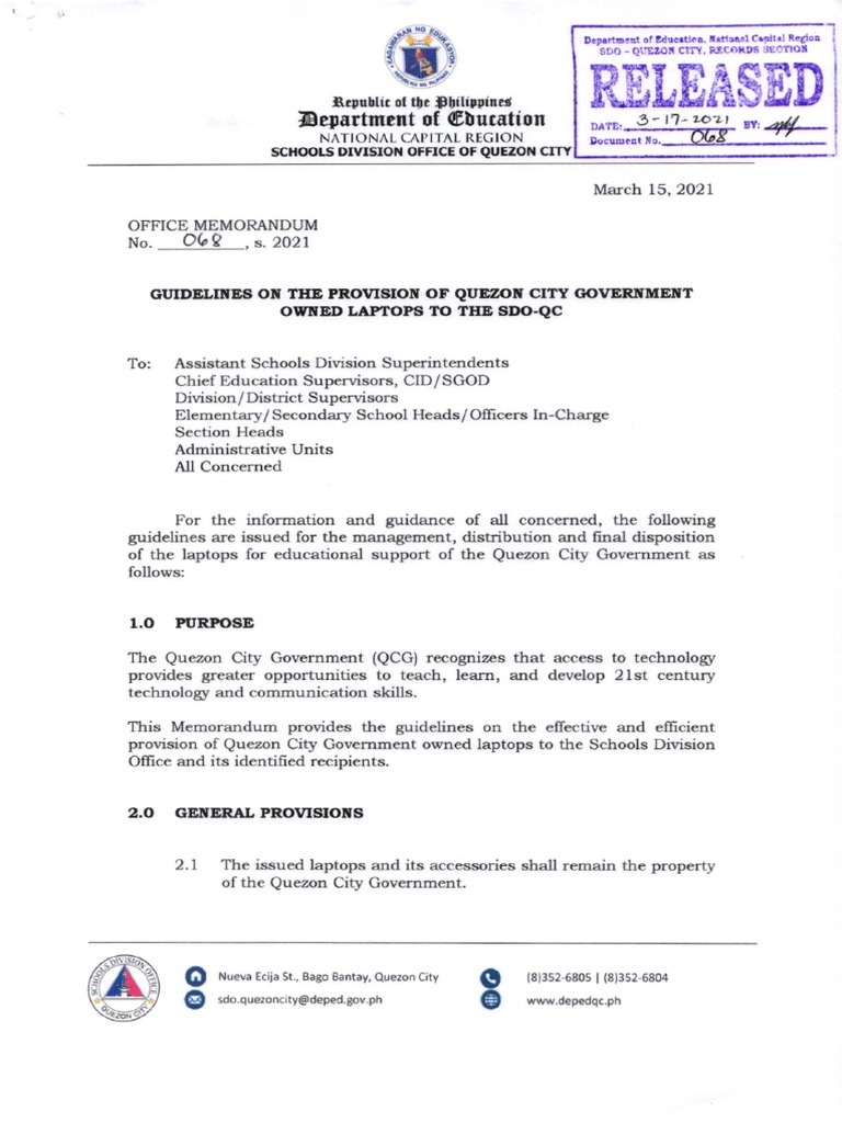 Guidelines On The Provision of Quezon City Government Owned Laptops To The Sdo QC | PDF ...