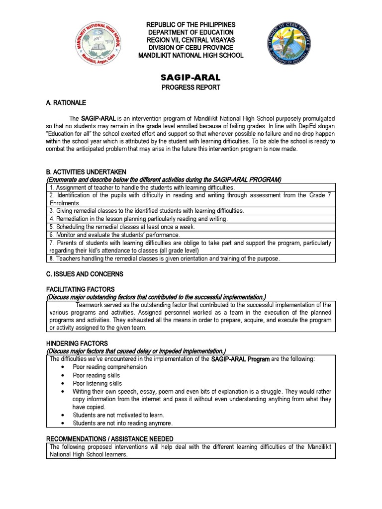 SAGIP-ARAL Program Progress Report | PDF | Learning Disability | Learning