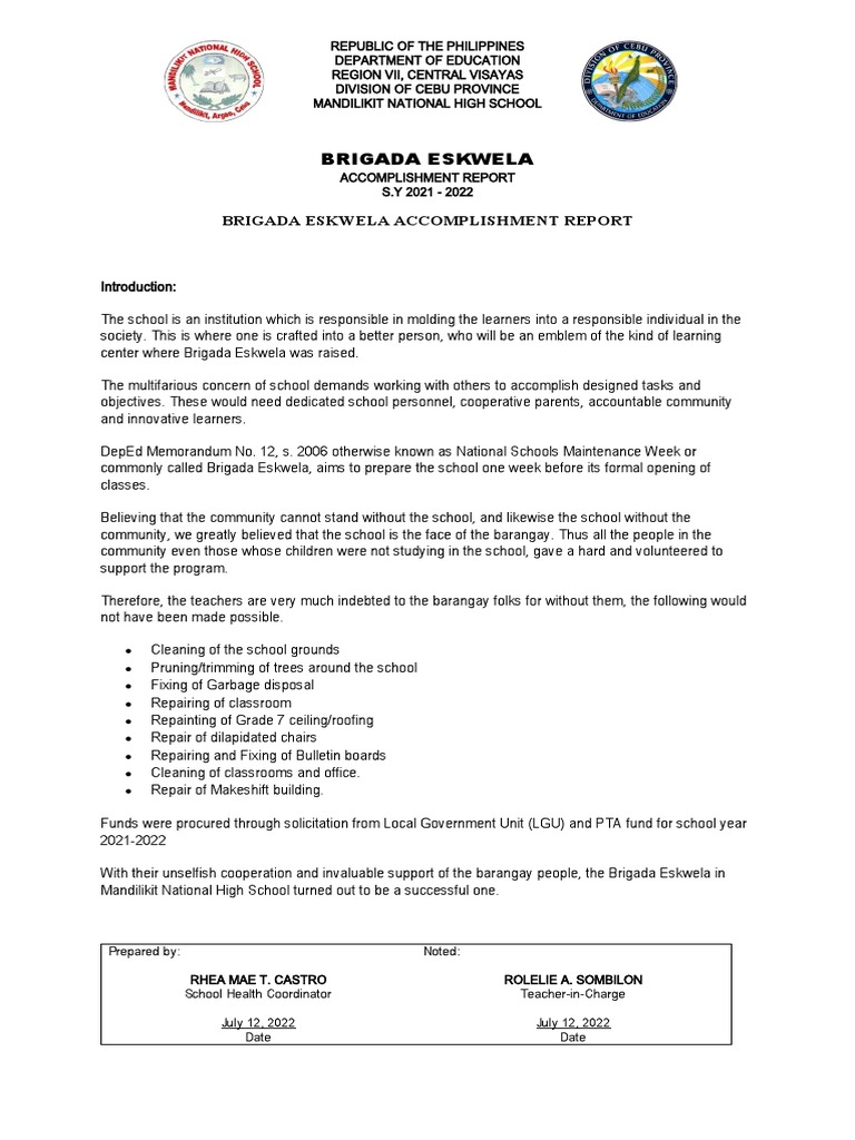 Brigada Eskwela Accomplishment Report | PDF | Cognition | Behavior ...