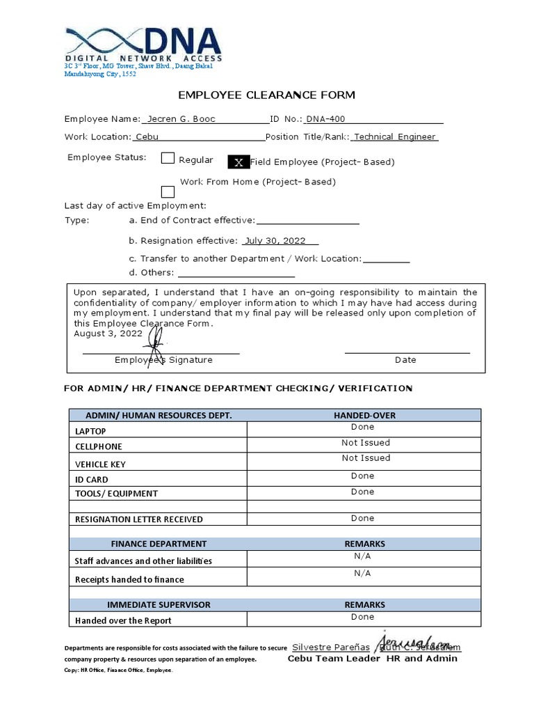 DNA JecrenBooc Clearance Form | PDF | Employment | Business