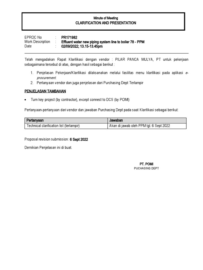 BA - KLARIFIKASI PR171982 Effluent Water New Piping System Line To Boiler 78 - PPM | PDF | Pipe ...