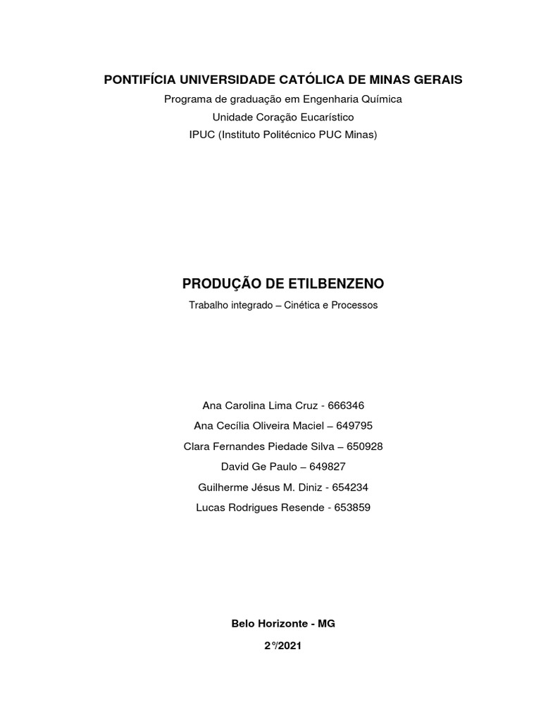 Produção de Etilbenzeno - TP1 | PDF | Benzeno | Reações químicas