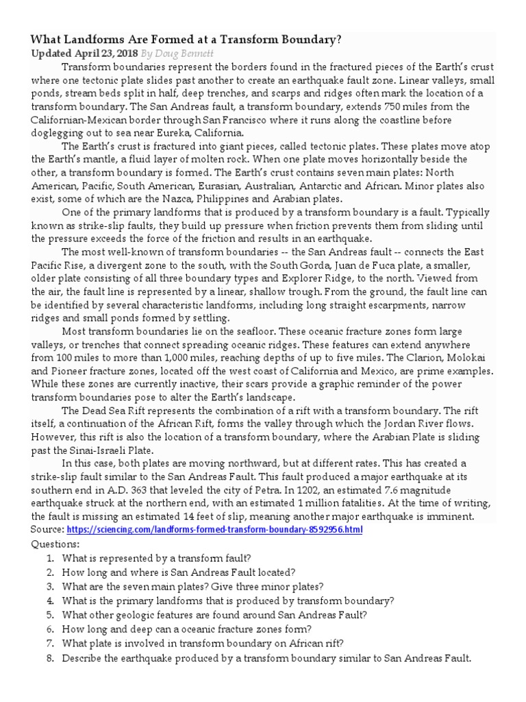 Article What Landforms Are Formed at A Transform Boundary | PDF | Plate ...