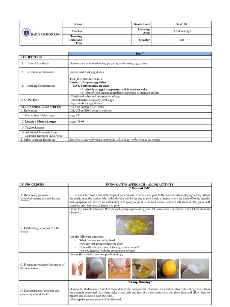 Tle 10 Cookery DLL | PDF | Egg As Food | Teachers
