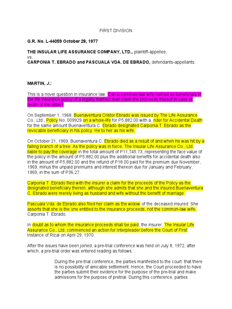 THE INSULAR LIFE ASSURANCE COMPANY LTD. vs. Carponia T. Ebrado | PDF ...