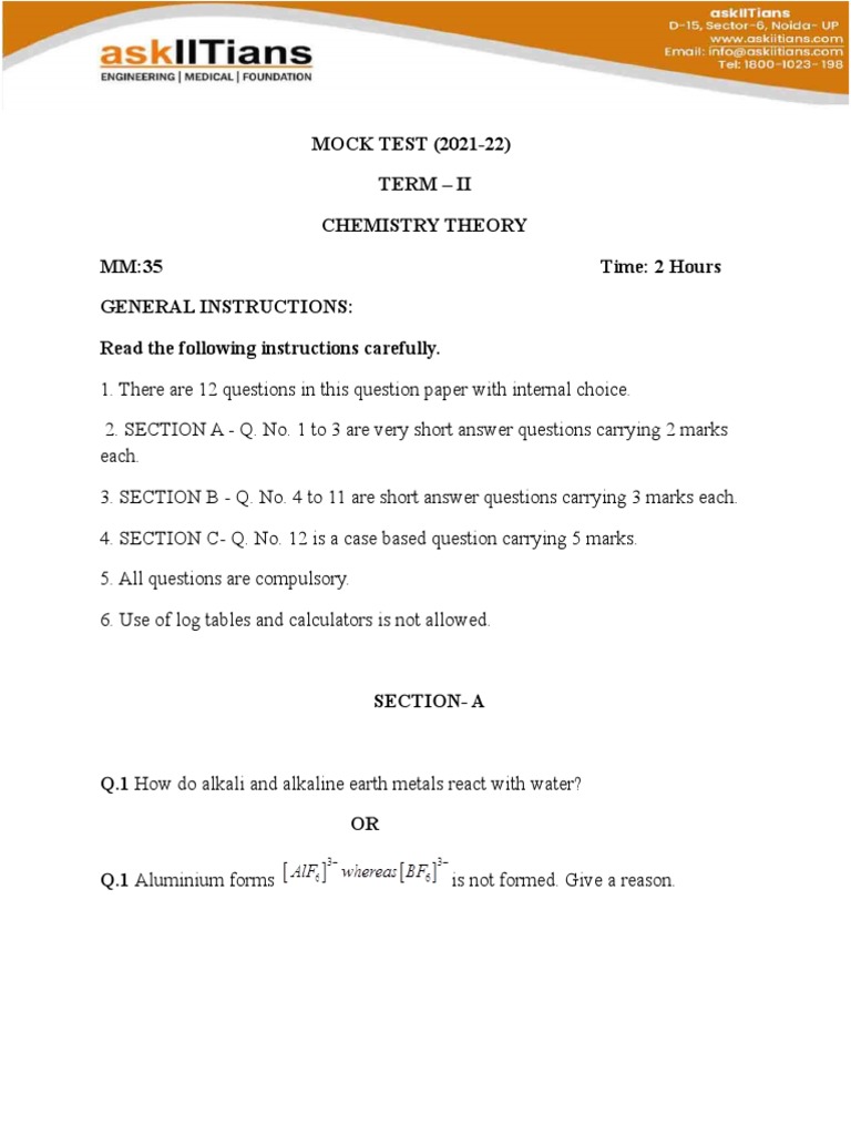 Term 2 Mock Test 2 Chemistry Pdf Chemical Reactions Gases