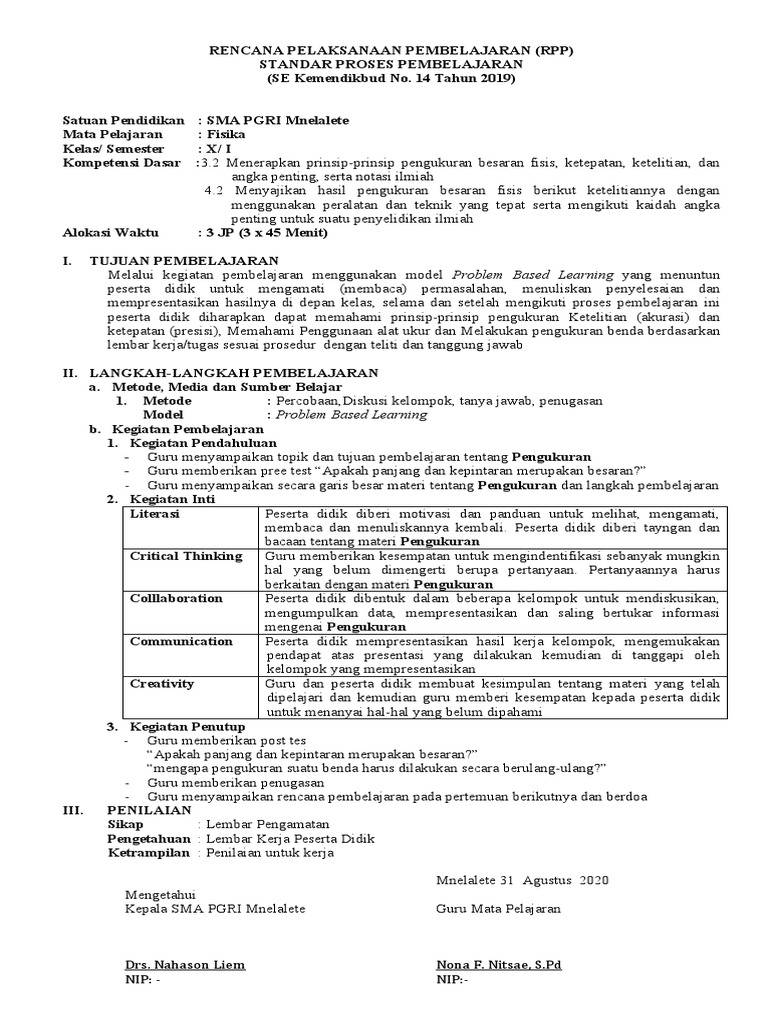 Contoh RPP 1 Lembar | PDF