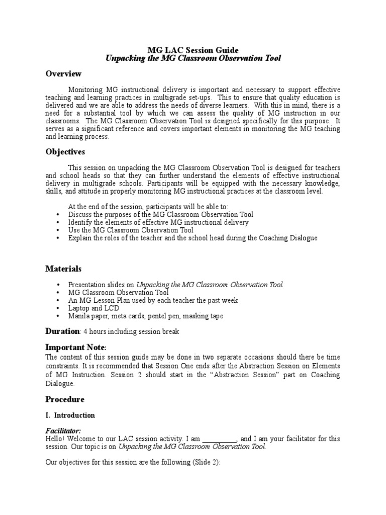 MG Classroom Observation Tool Session Guide T. NONG | PDF | Lesson Plan | Teachers