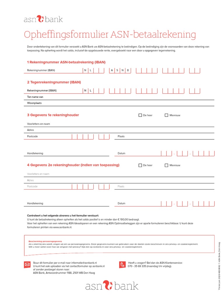 Opheffingsformulier Asn Betaalrekening Juni 2020 | PDF
