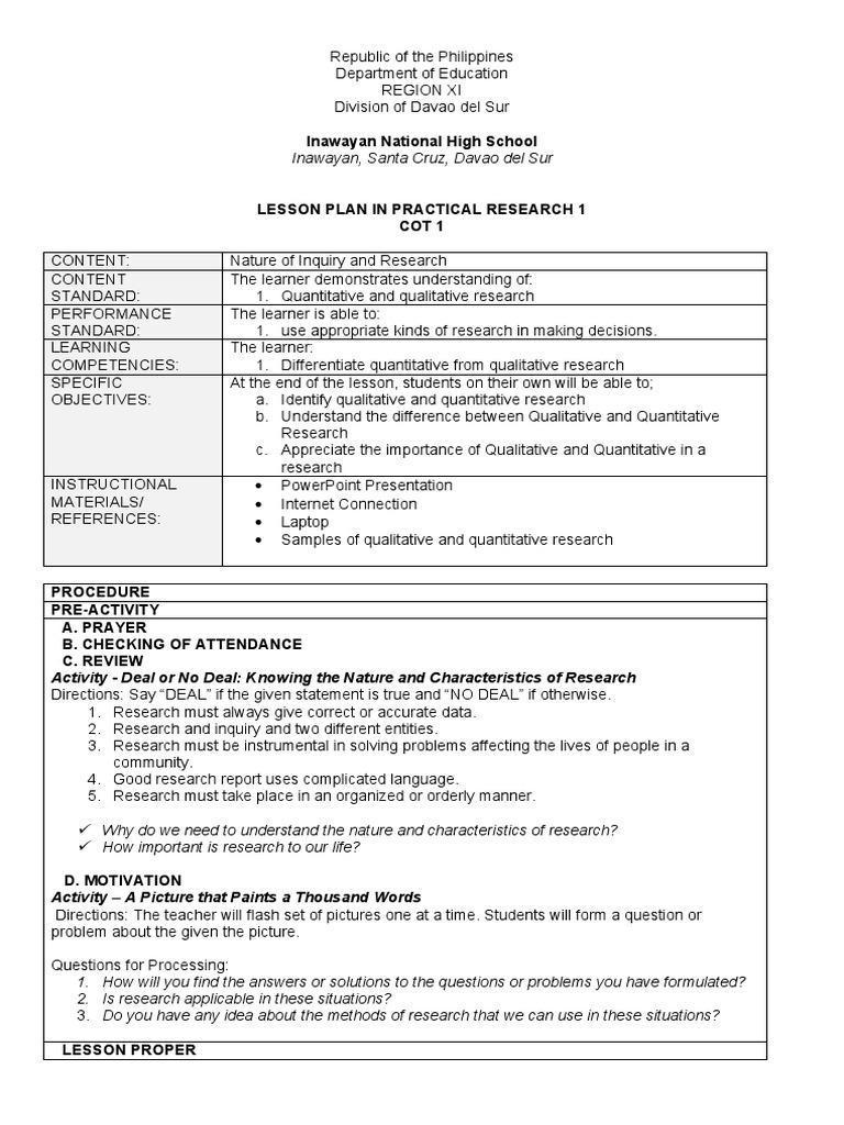 Cot1 - LP | PDF | Qualitative Research | Quantitative Research