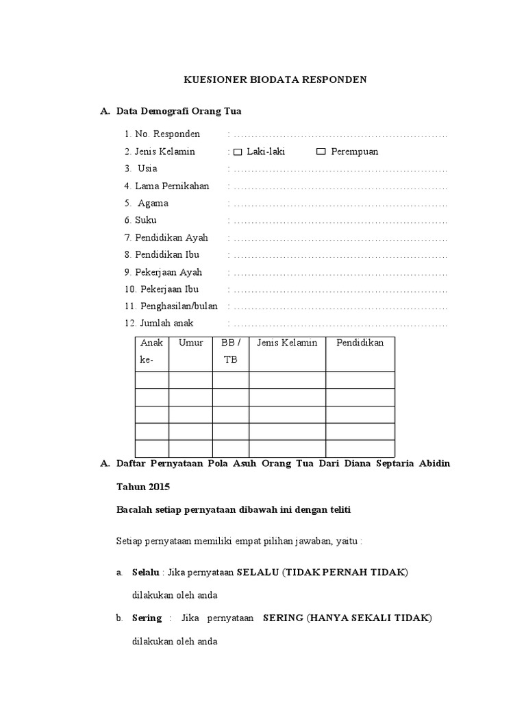 Kuesioner Biodata Responden | PDF