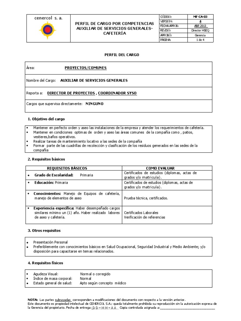 MF-CA-03 AUXILIAR SERV GENERALES-CAFERERIA Vr.4-Abr.13 | PDF | Seguridad y salud ocupacional ...
