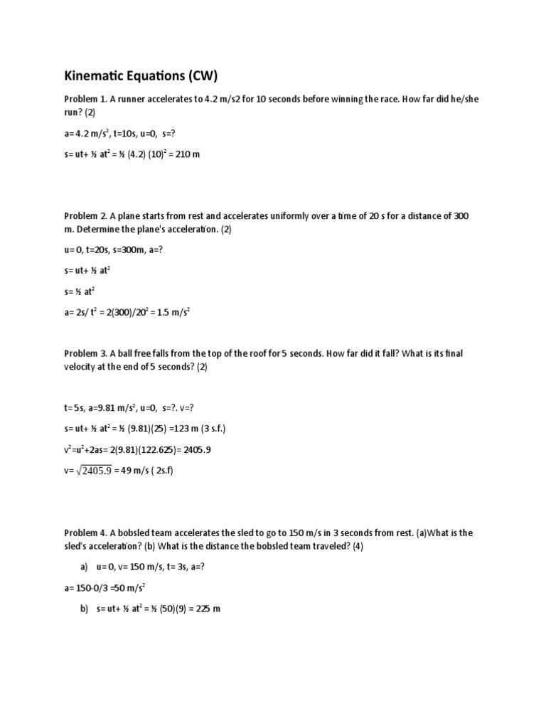 Kinematic Equations Worksheet | PDF