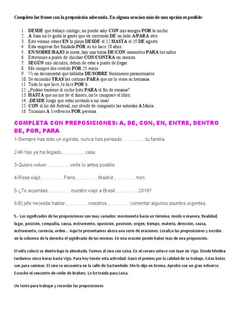 Ejercicios de Preposiciones en Español | PDF | Aprendizaje