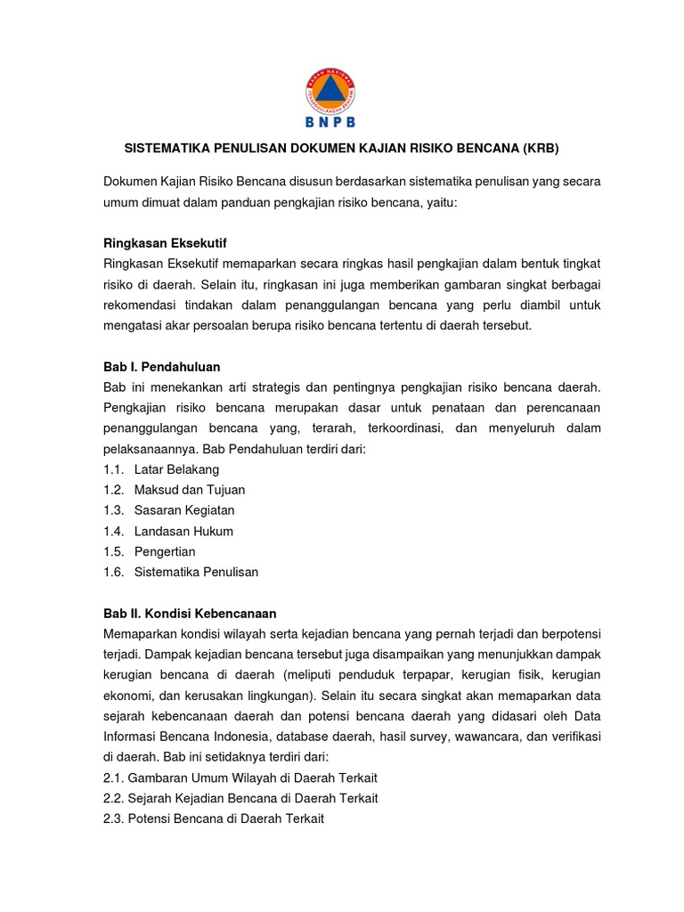 Sistematika Penulisan Dokumen Kajian Risiko Bencana - v0 | PDF | Pengelolaan Keuangan & Uang ...