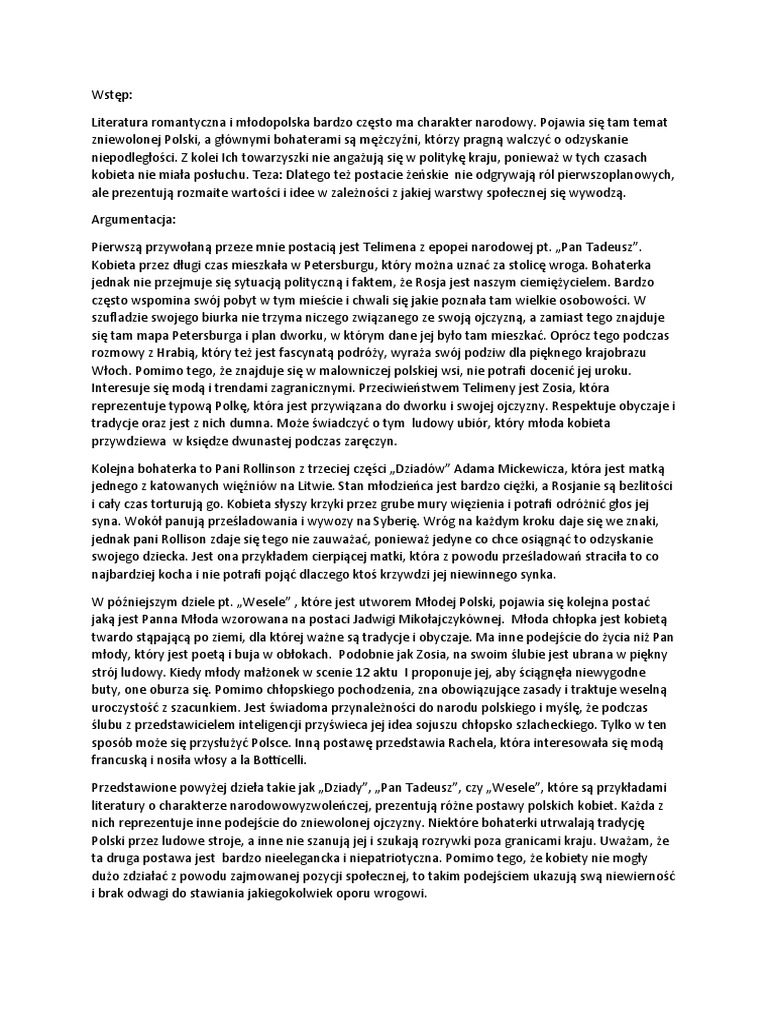 Wypracowanie Dziady Wesele Pan Tadeusz | PDF