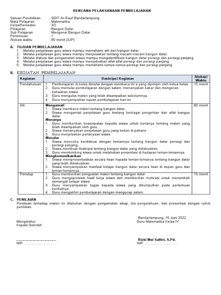 RPP MTK Kelas 4 SM 2 - Bangun Datar | PDF