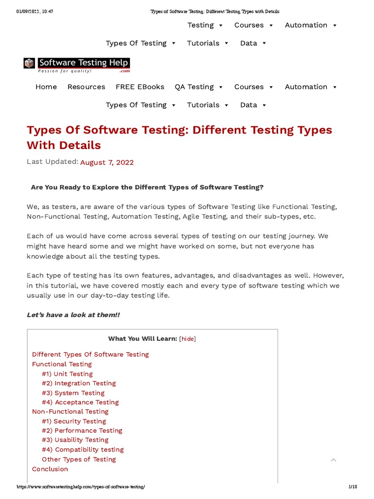 Types of Software Testing Guide | PDF | Software Testing | Unit Testing