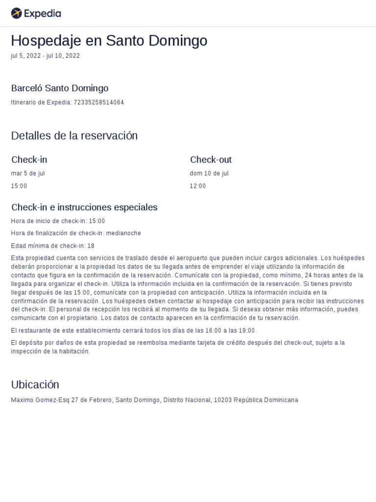Hospedaje en Santo Domingo: Detalles de La Reservación | PDF