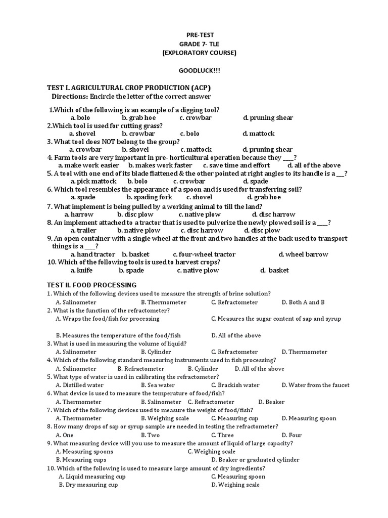 Grade 7 Pre Test | PDF | Plough
