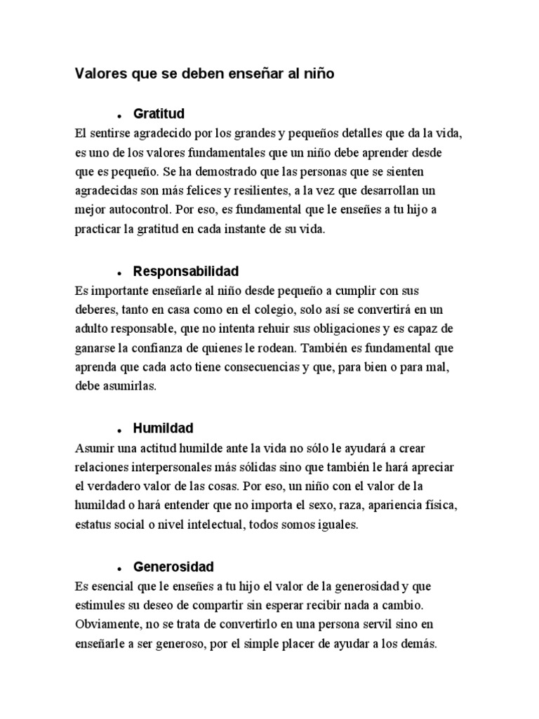 Valores Que Se Deben Enseñar Al Niño | PDF