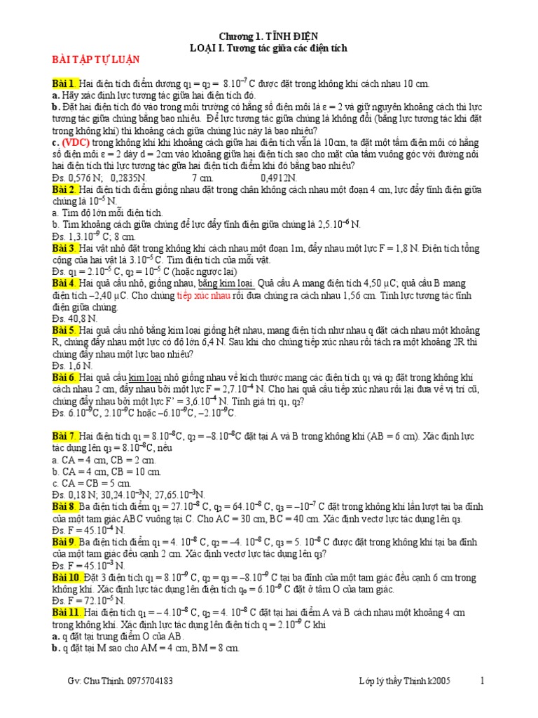 Bai Tap Tinh Dien Chuong 1 Vat Ly 11 (TR NG 1 - 6) | PDF