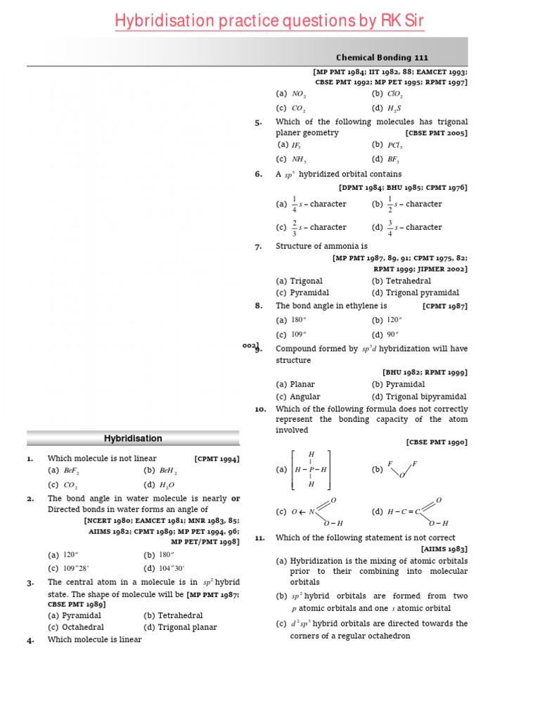 Hybridization Practice Questions by RK Sir | PDF | Chemical Bond ...