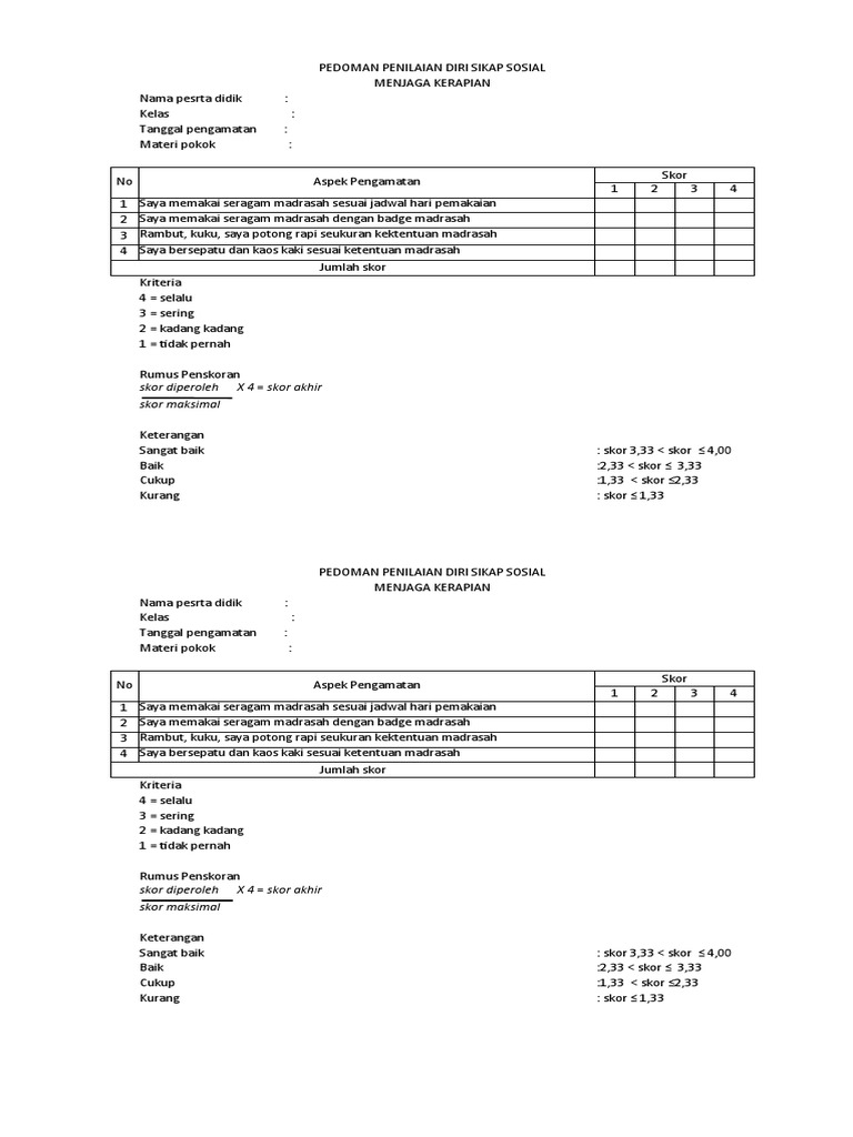 Pedoman Penilaian Diri Sosial Skala Likert | PDF