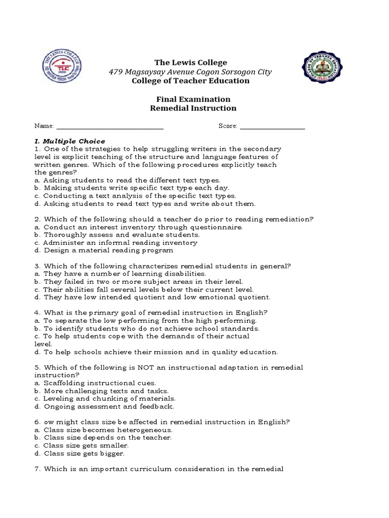 Analyzing a Remedial Instruction Exam: Identifying Effective Strategies ...
