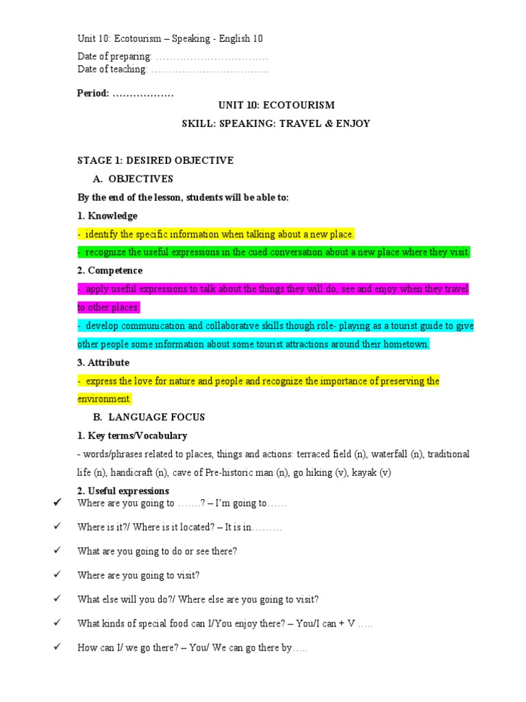 Ecotourism Speaking Lesson Plan | PDF | Information | Cognition