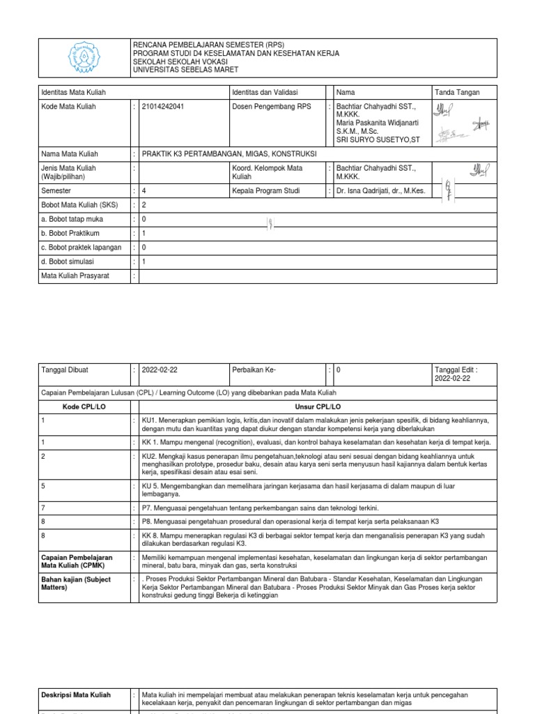 RPS-4-K3 PERTAMBANGAN, MIGAS, KONSTRUKSI (PRAKTIK) | PDF
