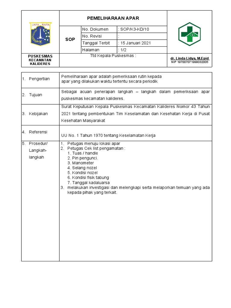 Sop Pemeliharaan Apar 2022 | PDF