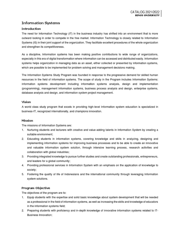 BINUS Info Systems Program 2021/22 | PDF | Information System | Information