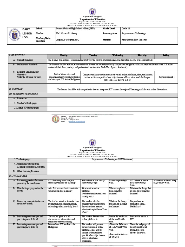 Empowerment Tech 1ST Week DLL | PDF | Educational Technology | Learning