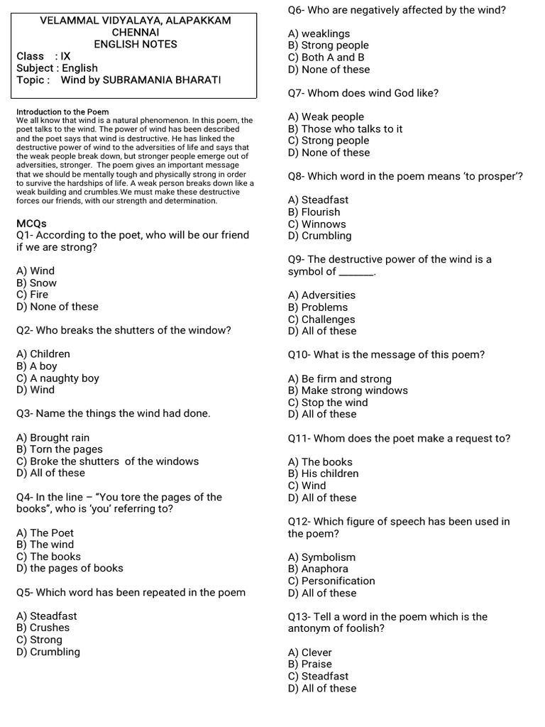 Class9 Ch2 Poem Wind by Subramania Bharati | PDF