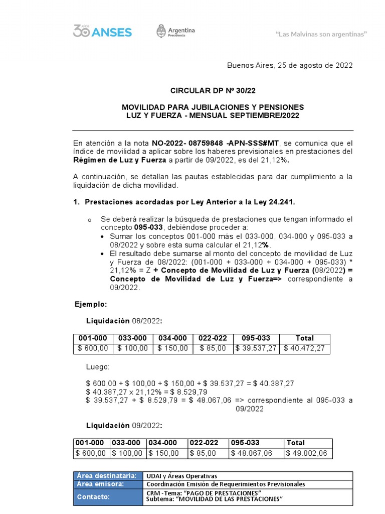 Circular DP #30-22 Movilidad para Jubilaciones y Pensiones Luz y Fuerza ...